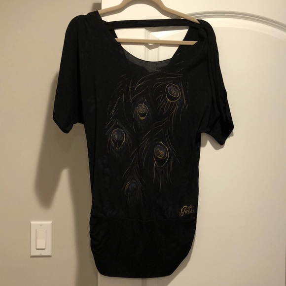 Guess | Tops | Guess Black Tshirt With Feather Design | Poshmark